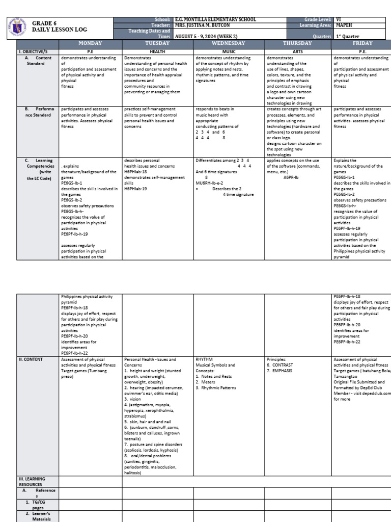 DLL - Mapeh 6 - Q1 - W2 | PDF | Rhythm | Teachers