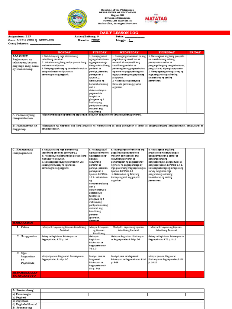 Daily Lesson Log Final - Esp | PDF