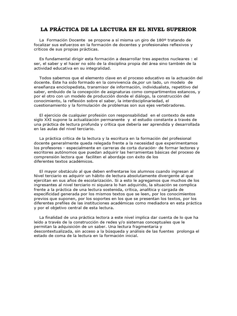 La Práctica de La Lectura en El Nivel Superior | PDF | Comprensión ...