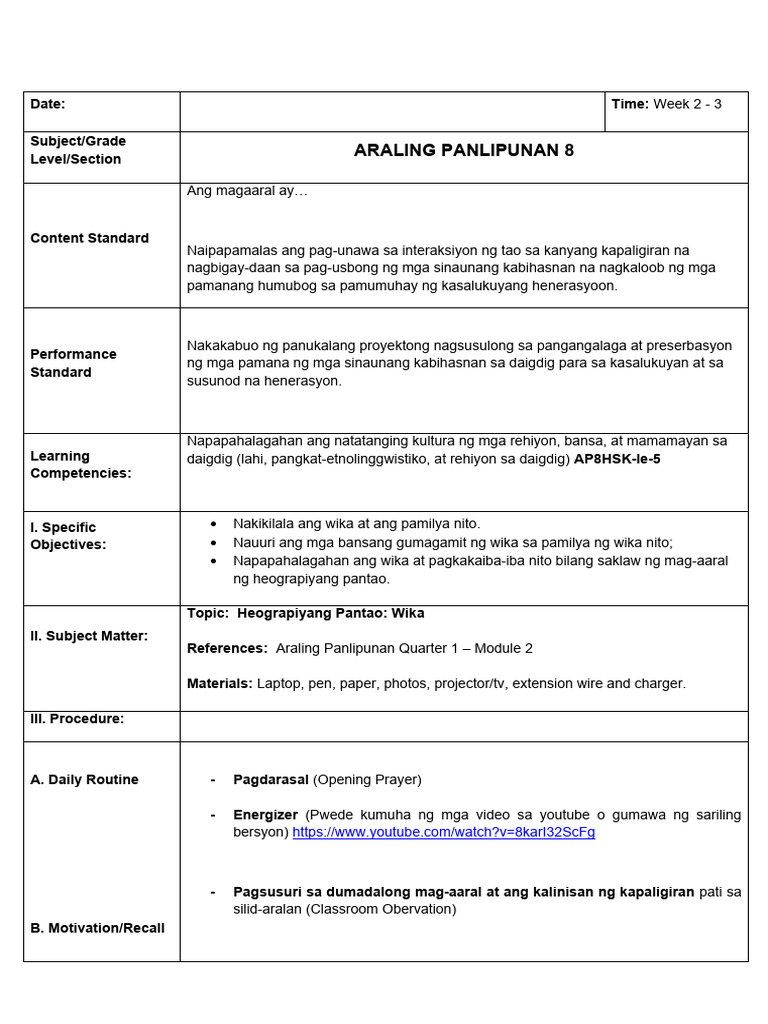 Q1 - W2 Lesson Plan in Araling Panlipunan 8 | PDF