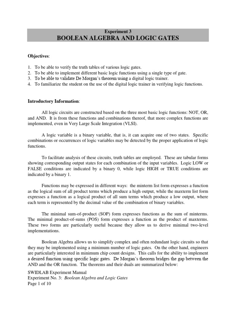 SWIDLAB 03 - Boolean Algebra and Logic Gates | PDF | Logic Gate ...