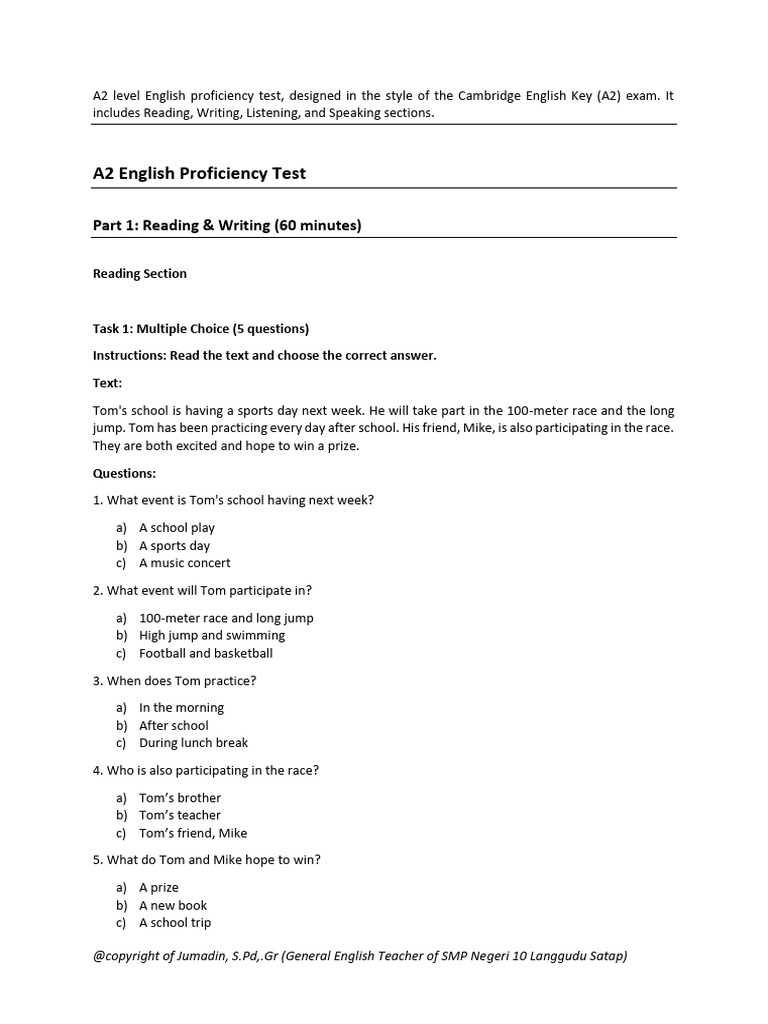 A2 Level English Proficiency Test | PDF | Learning | Human Communication