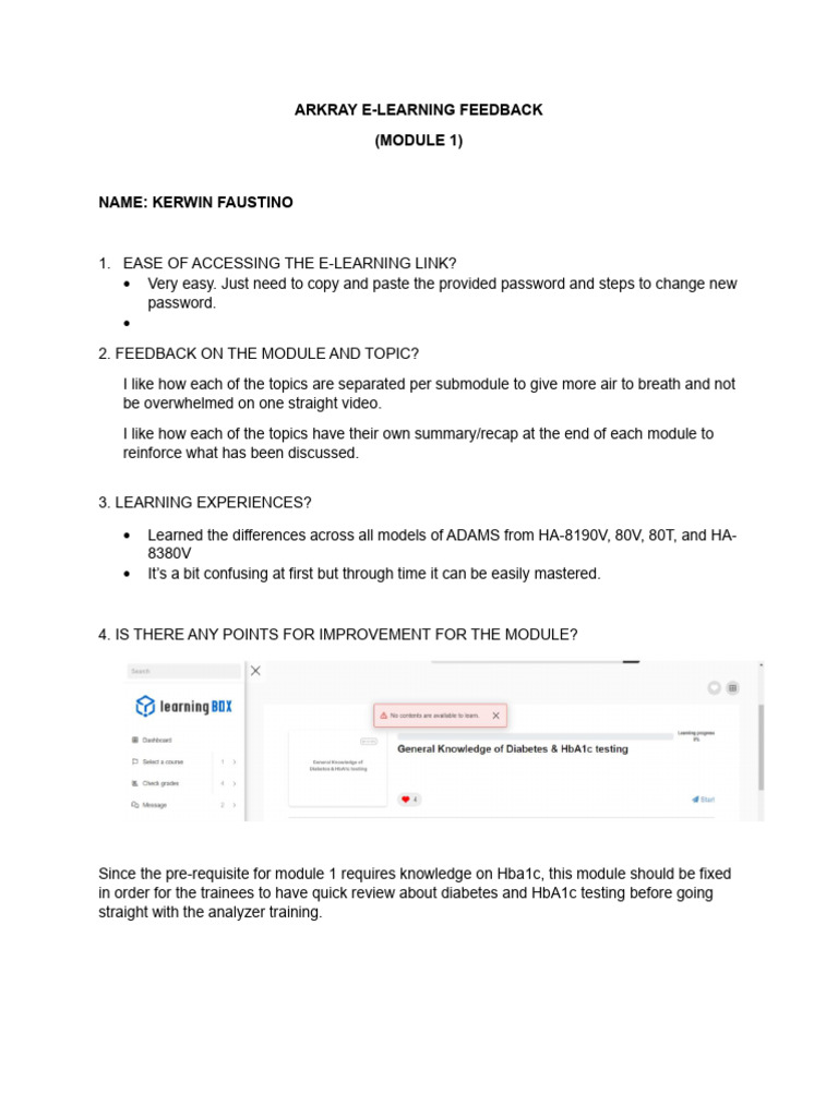 Arkray E-Learning Feedback - Module 1 | PDF | Educational Technology ...