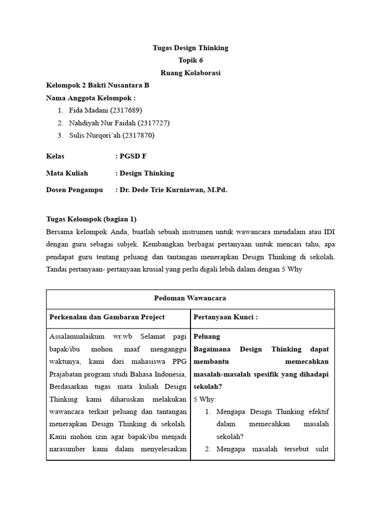 Ruang Kolaborasi T6 - Design Thinking - Kelompok 2 Baknus B | PDF