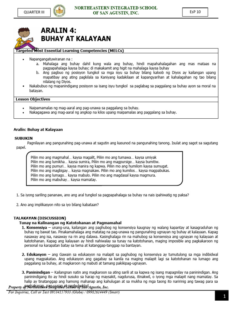 Aralin 4 - EsP G10 (Quartrer 3) BUHAY AT KALAYAAN | PDF