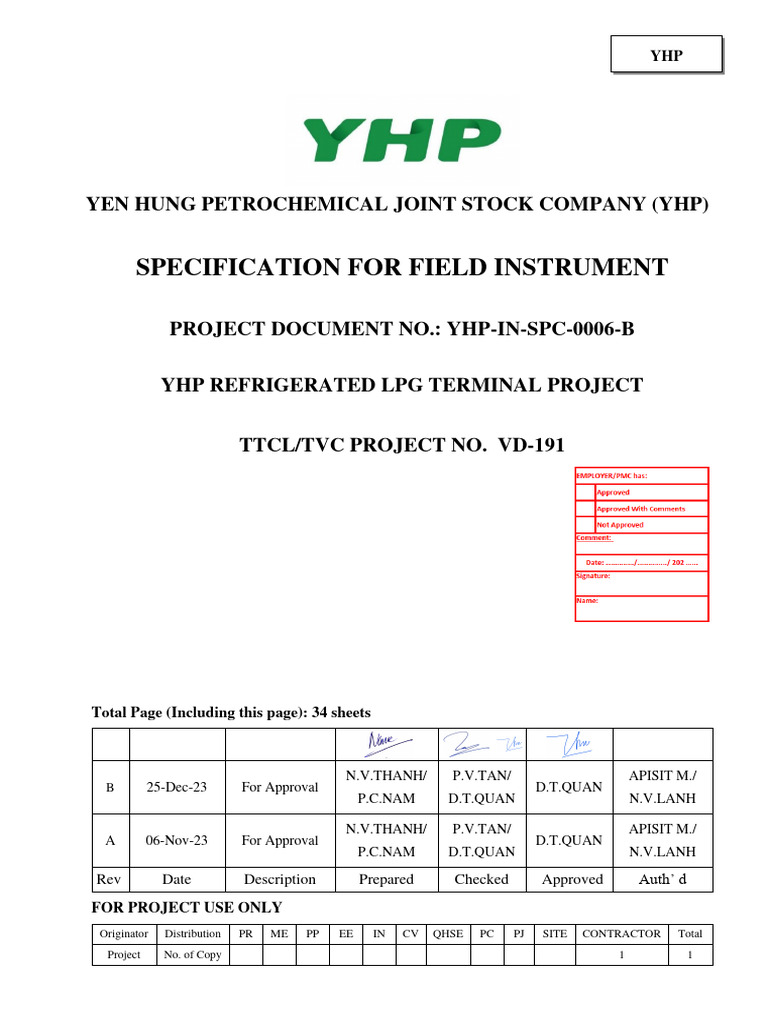 YHP LPG Terminal Field Instrument Specs | PDF | Pressure Measurement ...