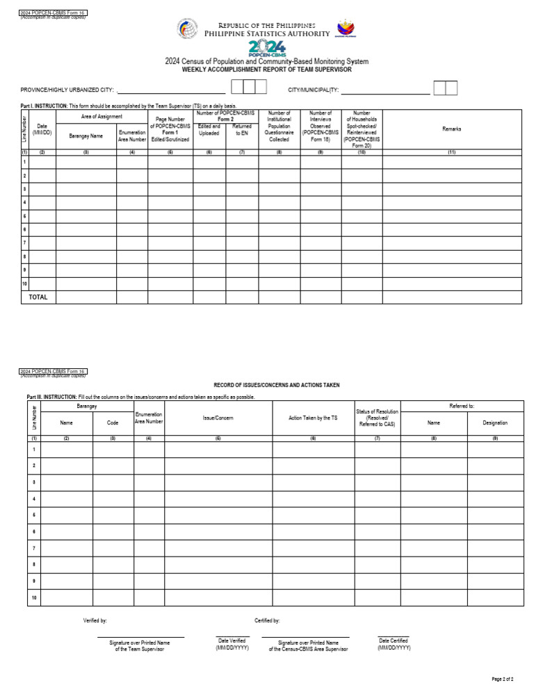 2024 POPCEN CBMS Form 16 CBMS POPCEN Weekly Accomplishment Report of ...