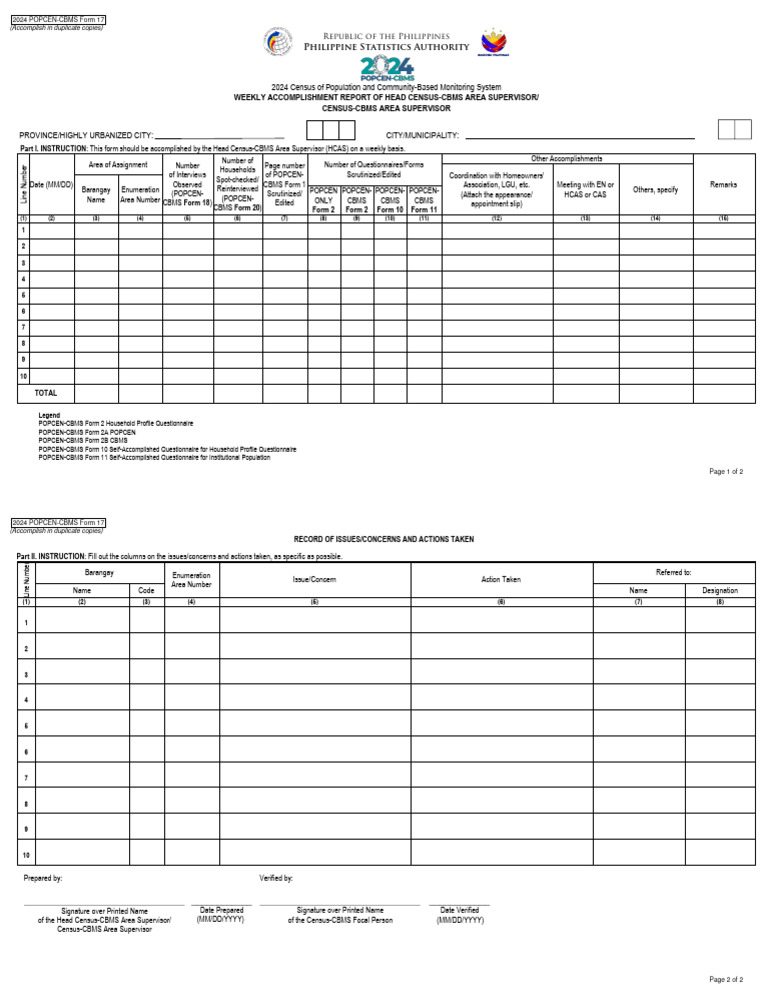 2024 POPCEN CBMS Form 17 Weekly Report of Census CBMS Area Supervisor ...