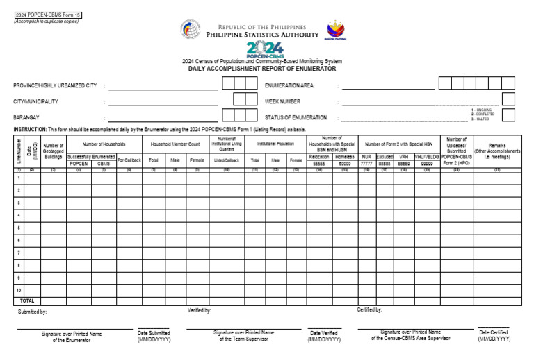 2024 POPCEN CBMS Form 15 Daily Accomplishment Report of Enumerator ...