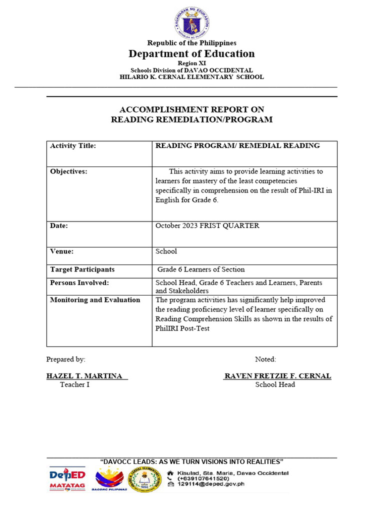 Accomplishment and Narrative Report Reading Program | PDF | Reading ...