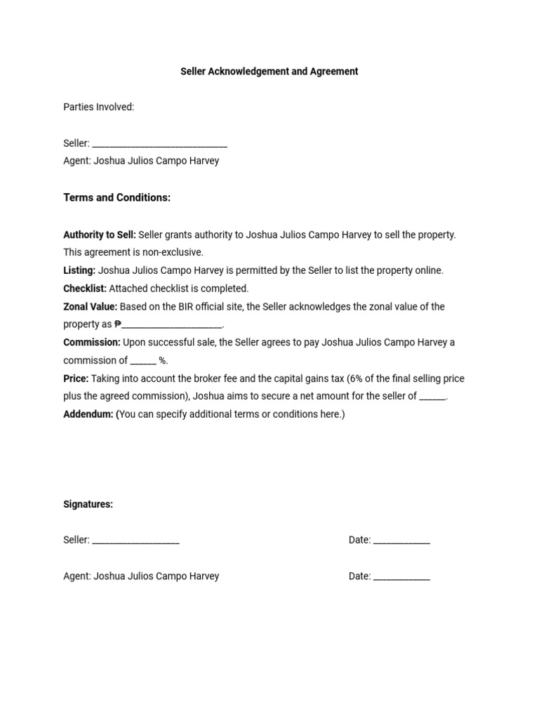 Seller Acknowledgement and Agreement | PDF