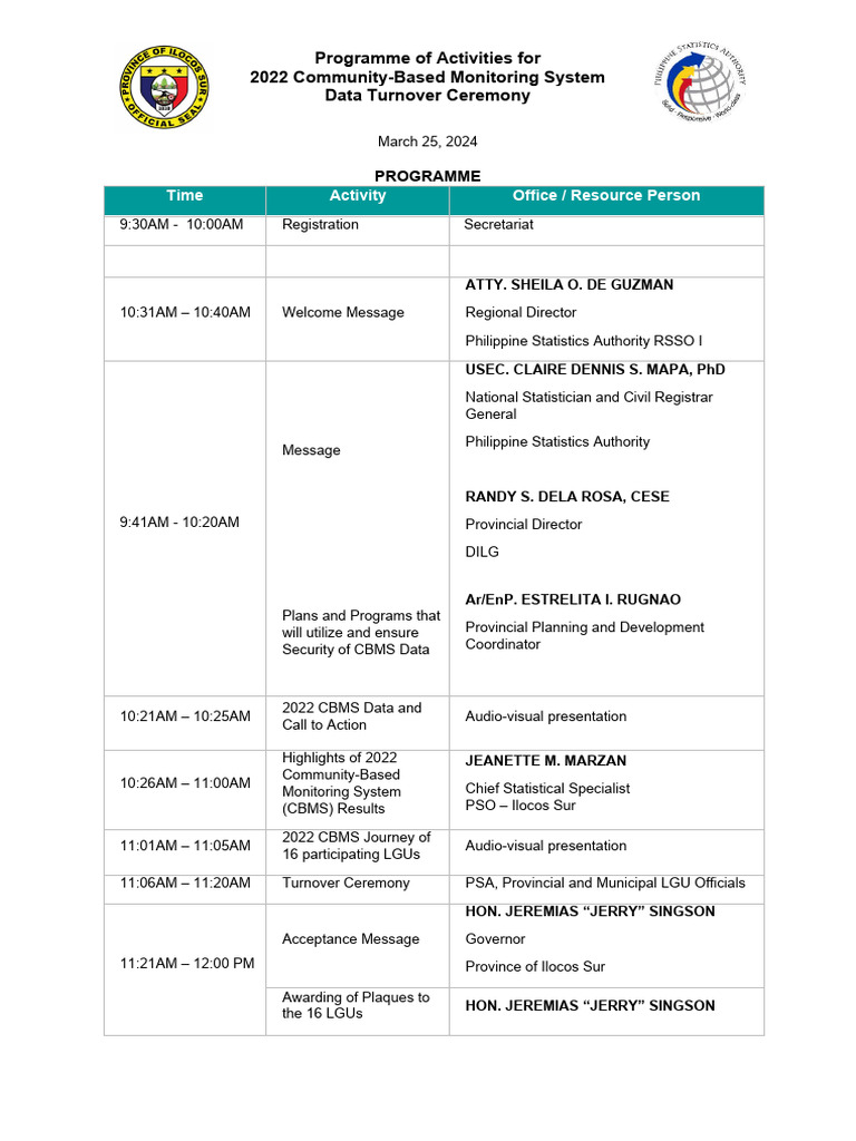 2022 CBMS Data Turnover Ceremony Agenda | PDF | Governance | Government ...