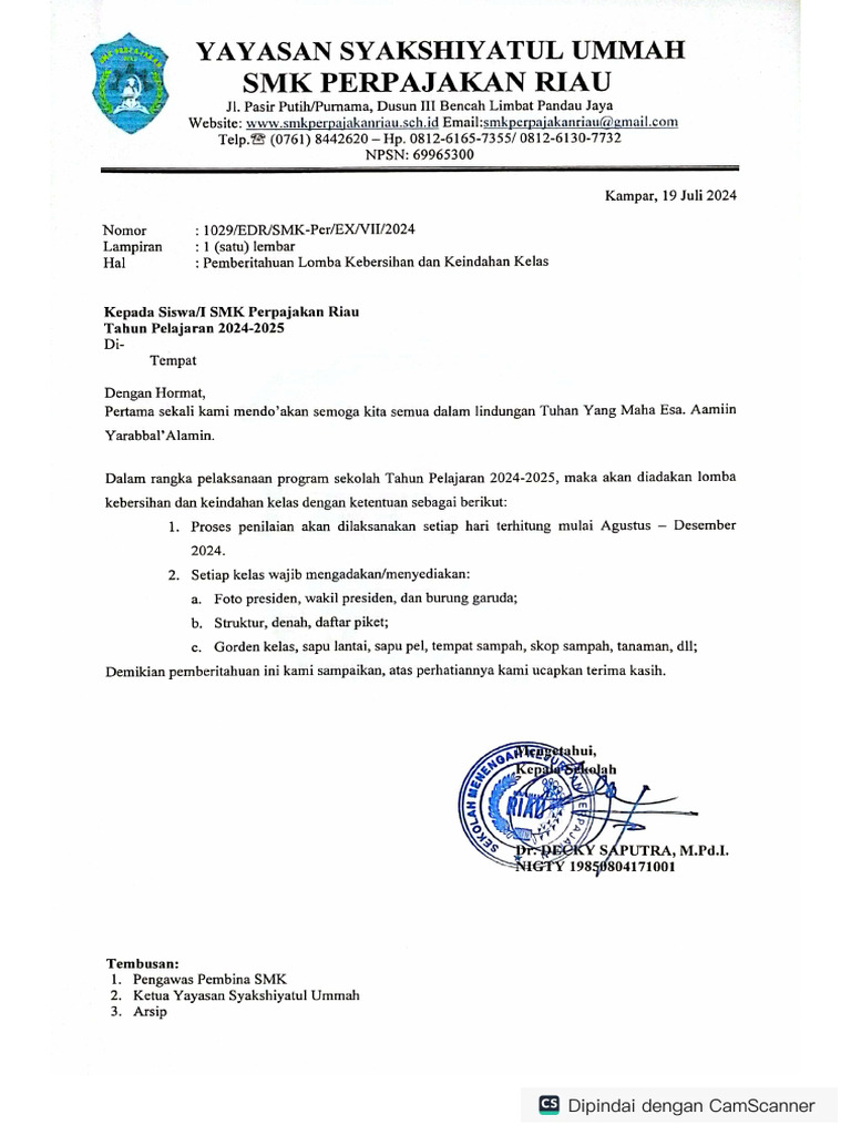 Surat Pemberitahuan Lomba Kebersihan Dan Keindahan Kelas | PDF