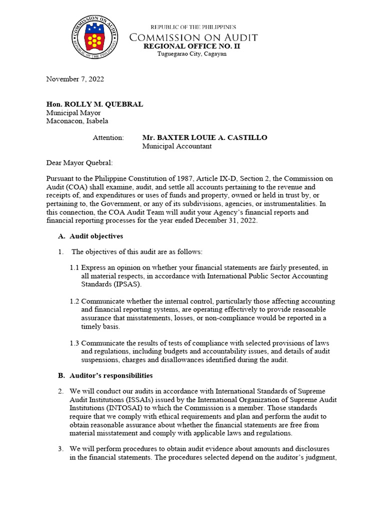 LGU Maconacon - Engagement - Letter - 2022 | PDF | Audit | Financial Audit