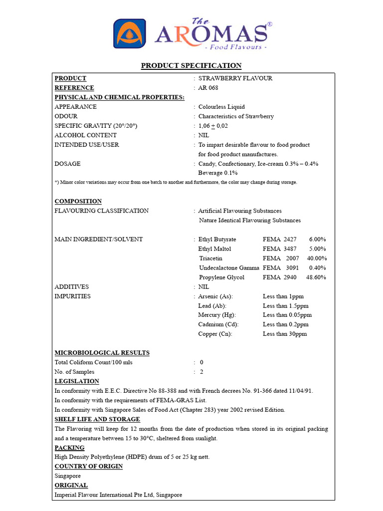 Aromas Strawberry AR 068 | PDF | Chemical Substances | Chemistry