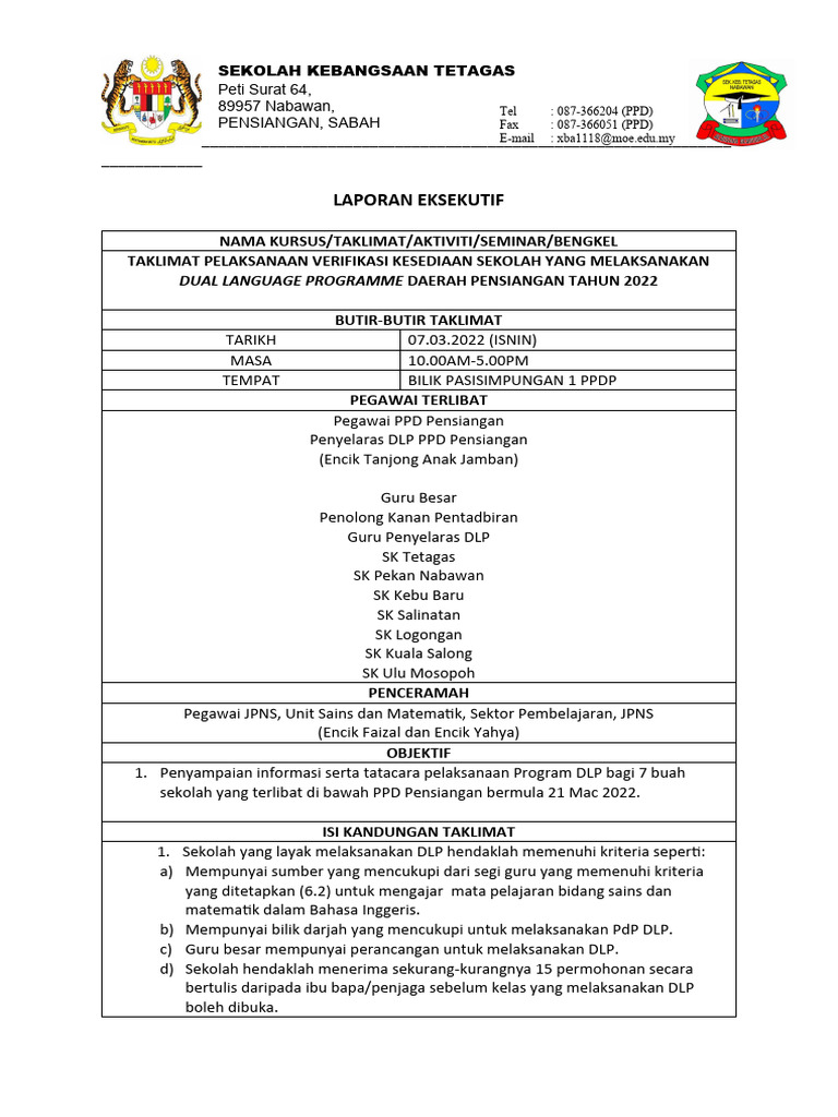 Laporan Eksekutif Taklimat DLP | PDF