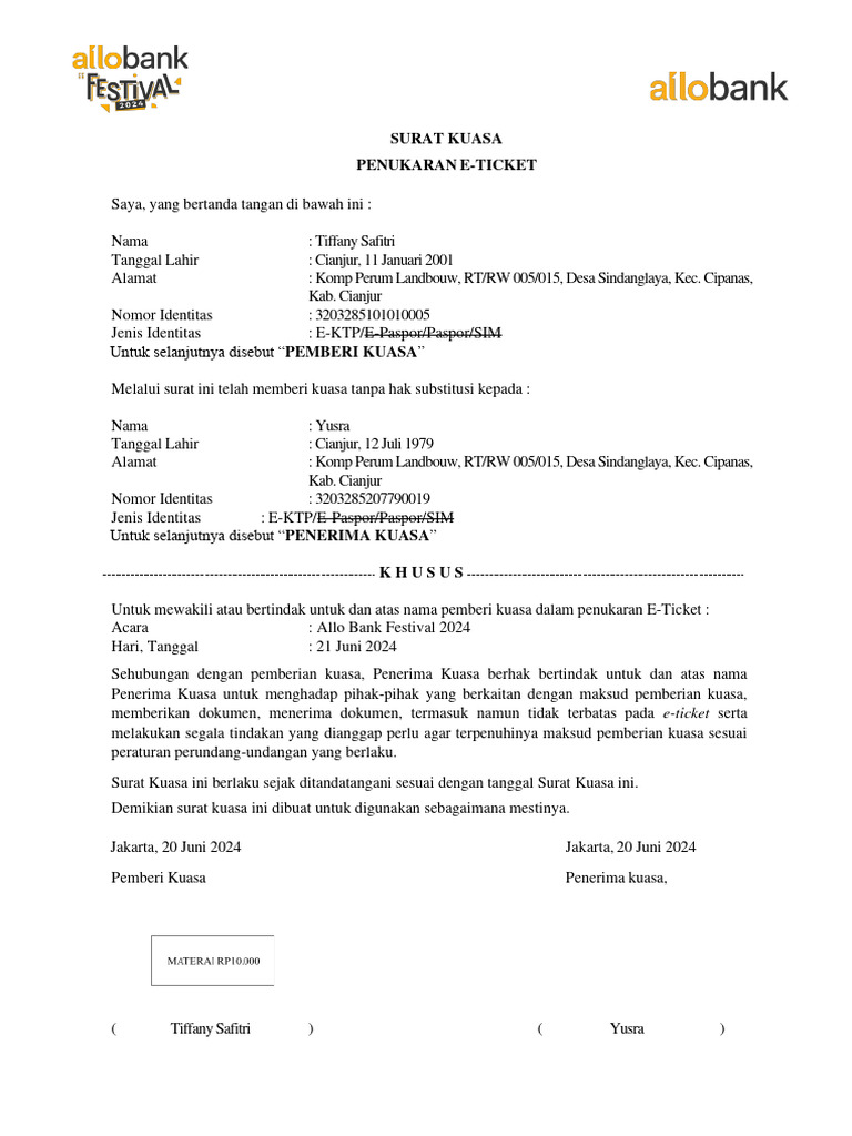 Surat Kuasa Allo Bank Festival 2024 | PDF