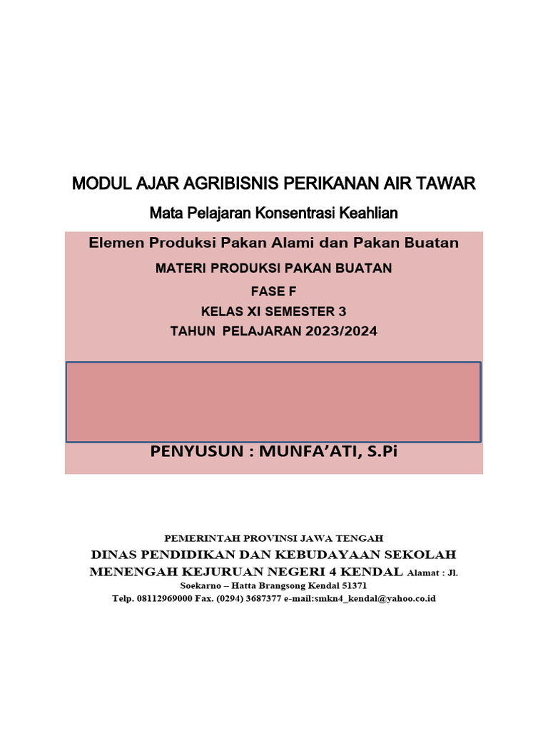 Modul Ajar Produksi Pakan Buatan Kelas XI TP 2023-2024 | PDF