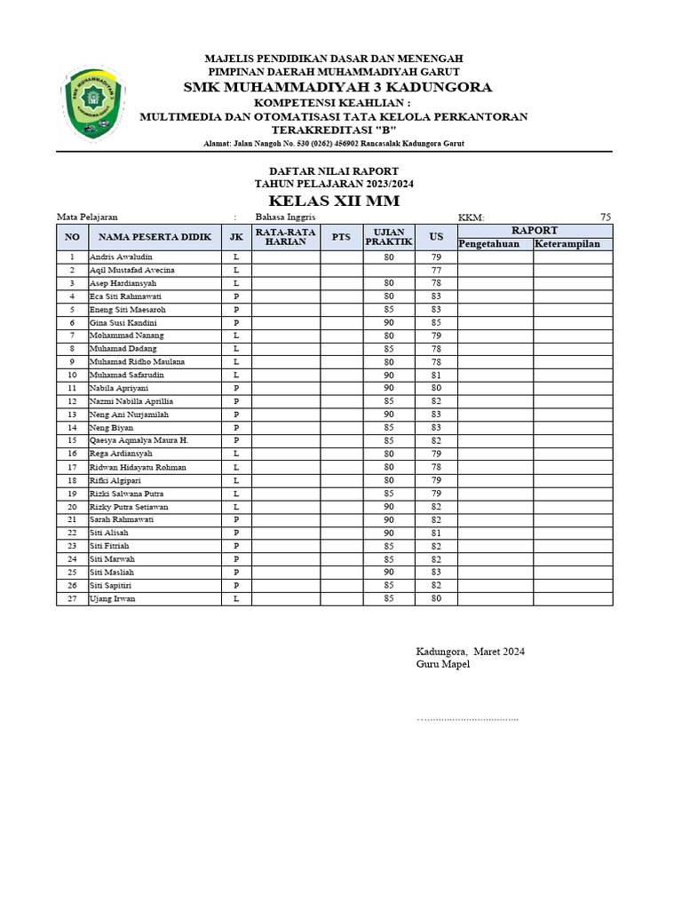 Format Nilai Us 2023-2024 | PDF