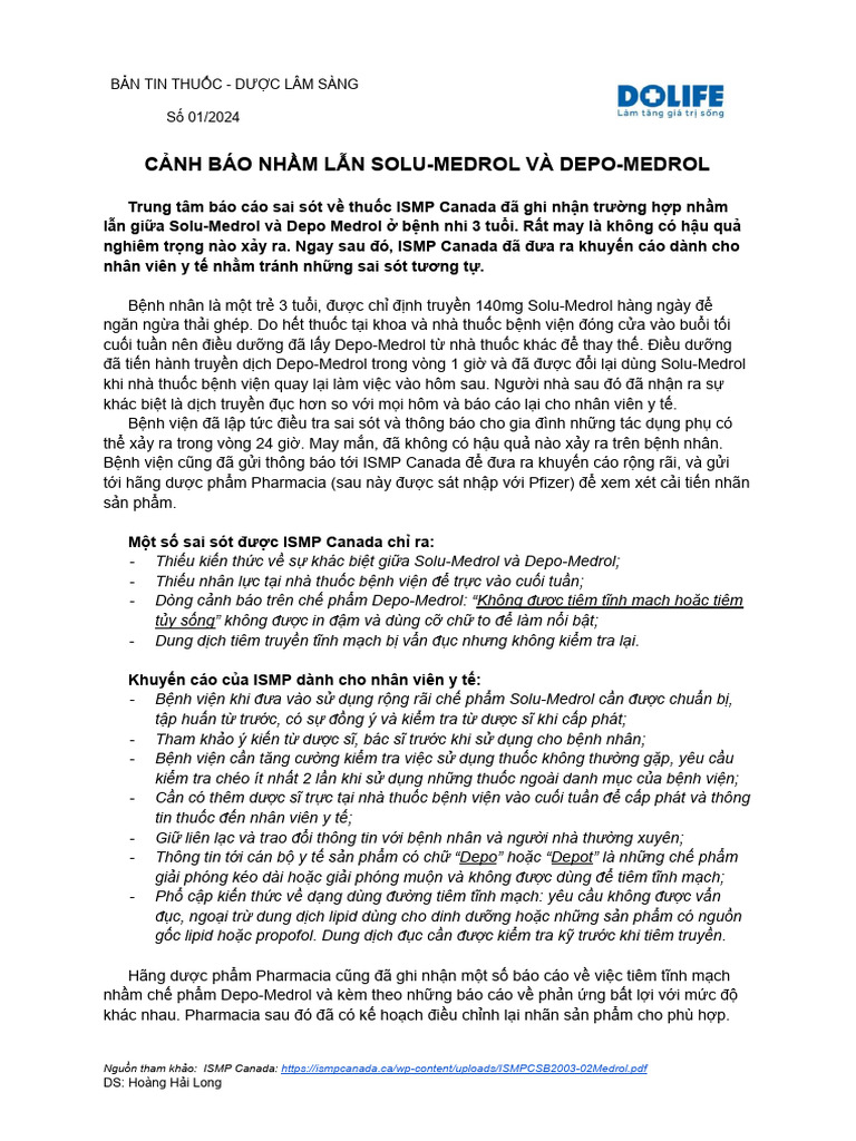 Khuyến cáo y tế - Tránh nhầm lẫn giữa Solu Medrol và Depo Medrol | PDF