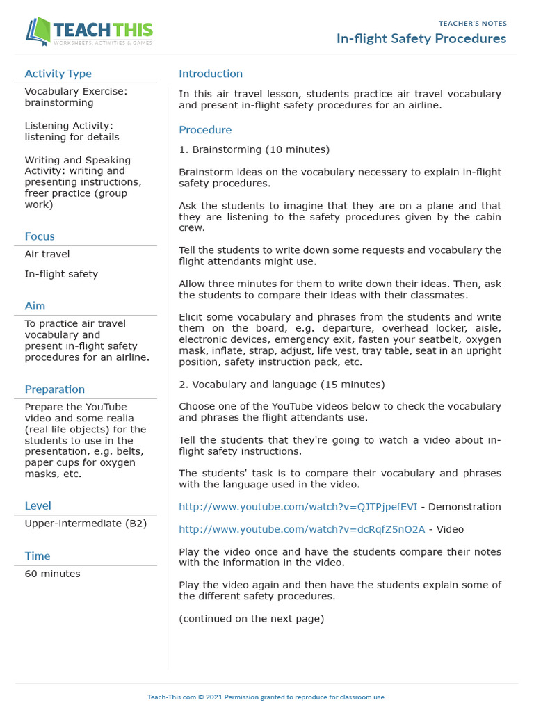 In-Flight Safety Procedures Lesson Plan | PDF | Flight Attendant | Aviation
