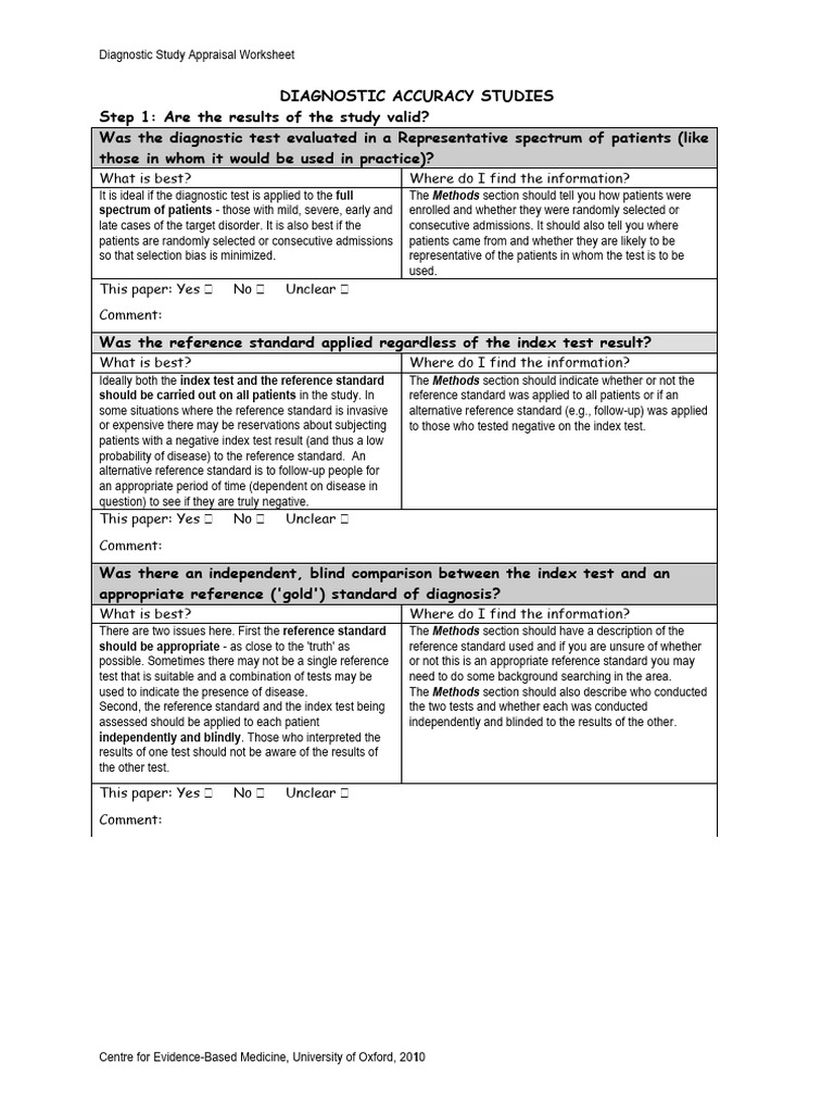 Diagnostic Study Appraisal Worksheet | PDF | Sensitivity And ...