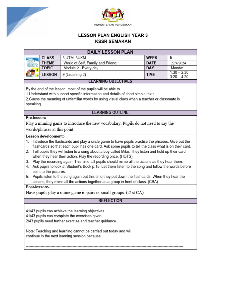 Year 3 English Lesson Plans KSSR | PDF | Lesson Plan | Crossword