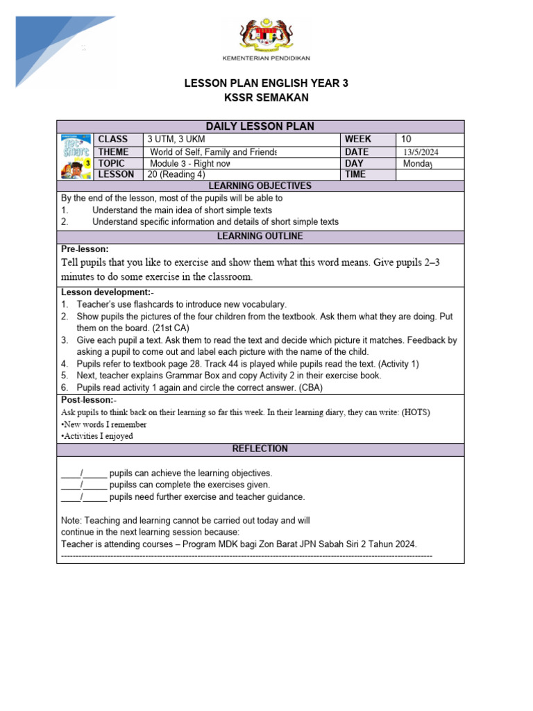 RPH BI THN 3 - Module 3 (Week10) | PDF | Lesson Plan | Teachers