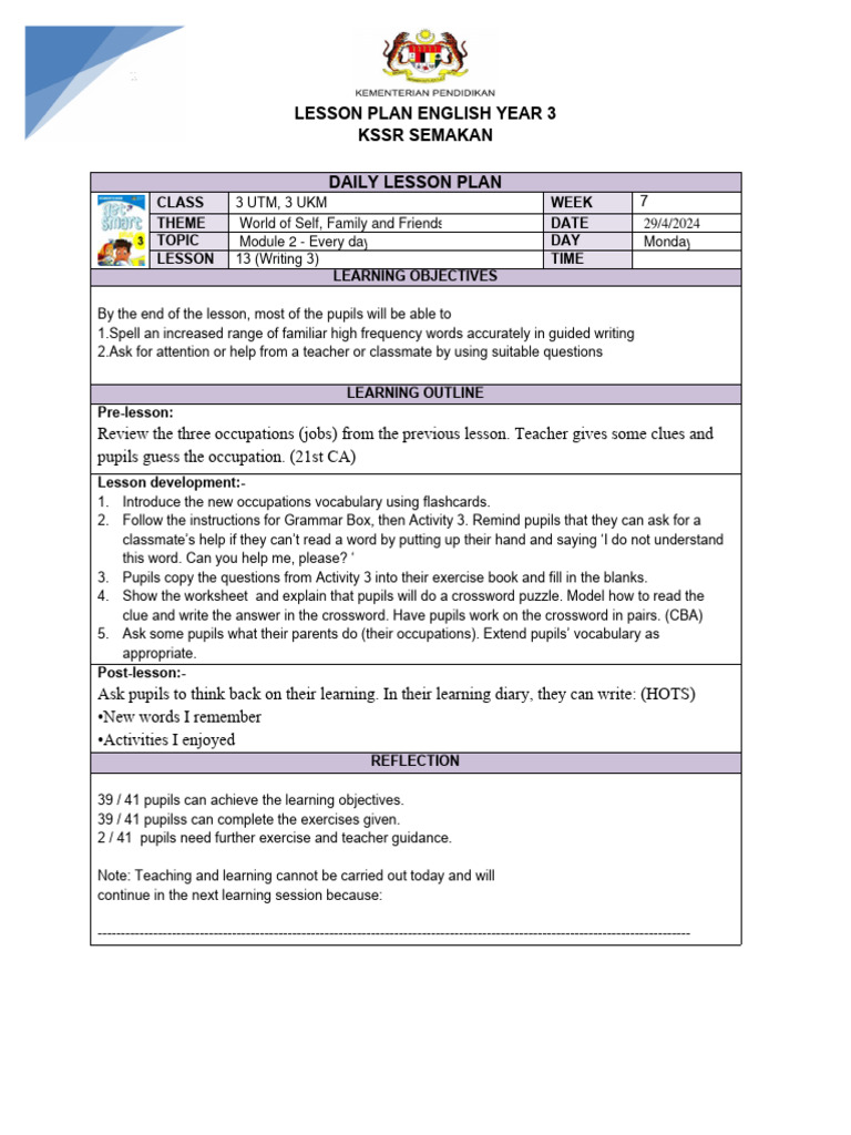 RPH BI THN 3 - Module 2 (Week 7) | PDF | Lesson Plan | Crossword