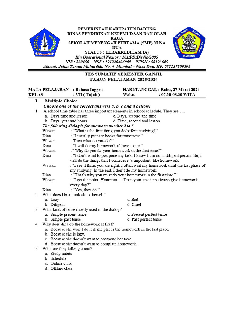 Soal Pts Bing Vii | PDF | Grammar | Linguistics