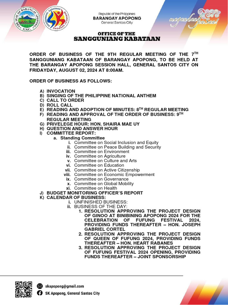 Order of Business of The 9th Regular Meeting | PDF | Science & Mathematics