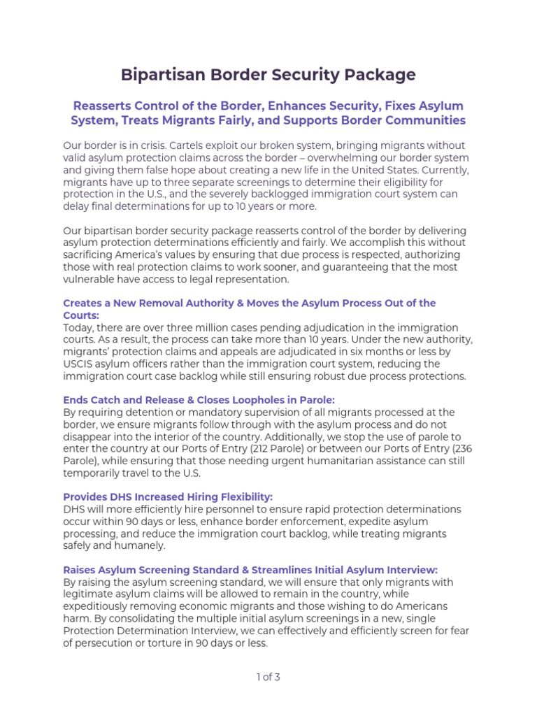 Bipartisan Border Security Package Summary | PDF | Right Of Asylum ...