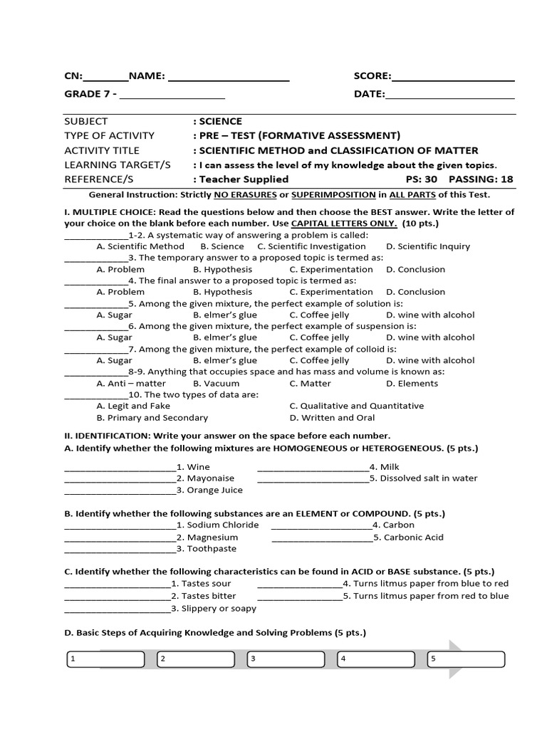 Pre-Test 1 | PDF | Mixture | Scientific Method