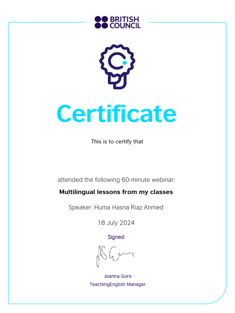 Certificate Huma Hasna Riaz Ahmed 0 | PDF