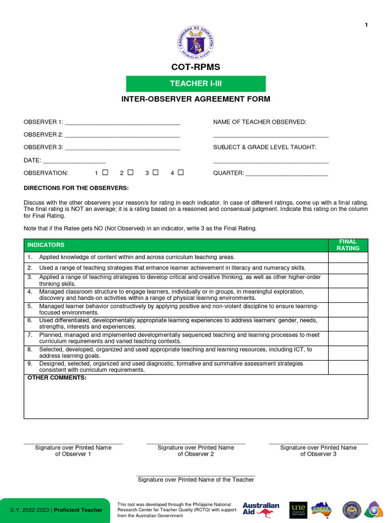 (Appendix C-09) COT-RPMS Inter-Observer Agreement Form For T I-III For ...
