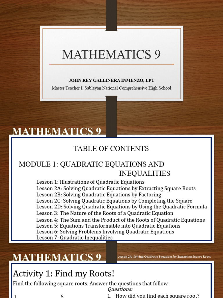 g9 Math - m1 - 2a - Solving Quadratic Equations by Extracting Square ...