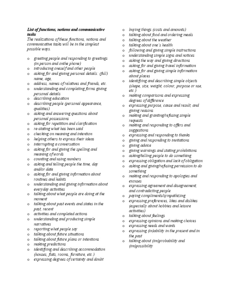 List of Functions, Notions & Communicative Tasks For KET | PDF | Understanding | Conversation
