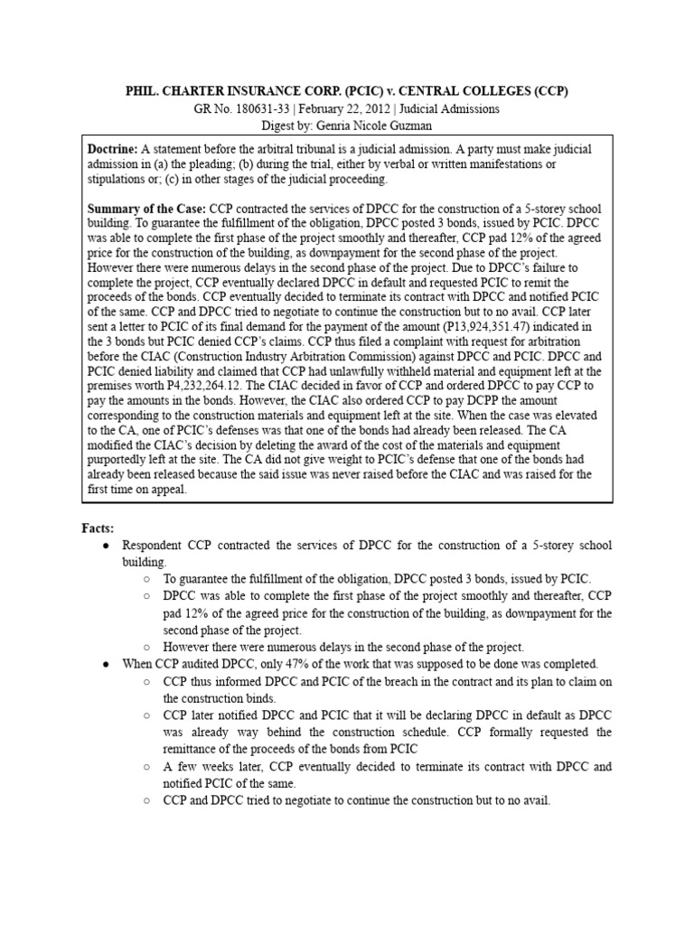 PHIL. CHARTER INSURANCE CORP. (PCIC) v. CENTRAL COLLEGES (CCP) | PDF ...