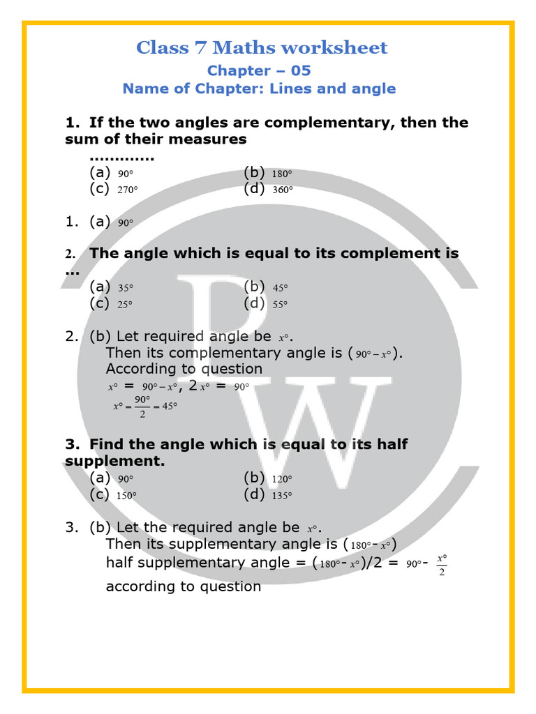 Maths Worksheet Class 7: 1. If The Two Angles Are Complementary, Then ...