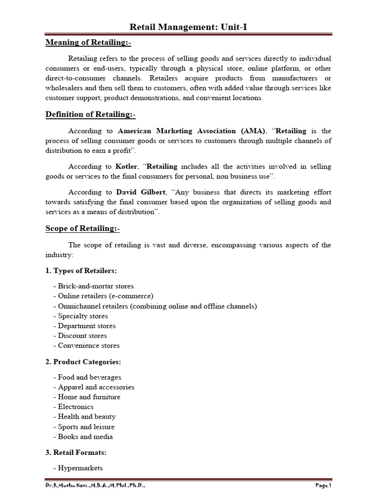 Retail Management - Unit-I | PDF | Retail | E Commerce