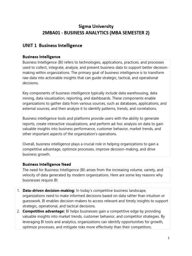 Unit 1 MBA 2 | PDF | Business Intelligence | Analytics