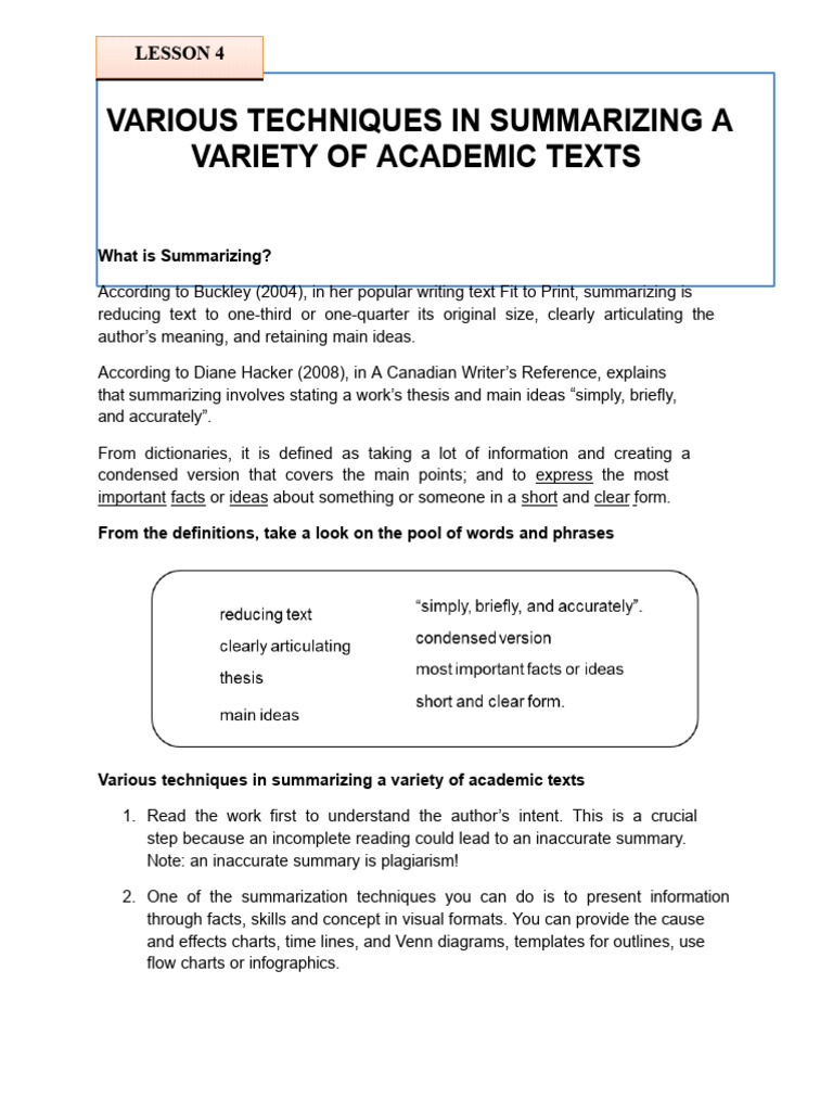 Lesson 4 Week 4 Various Techniques in Summarizing A Variety of Academic Texts | PDF | Roanoke Colony