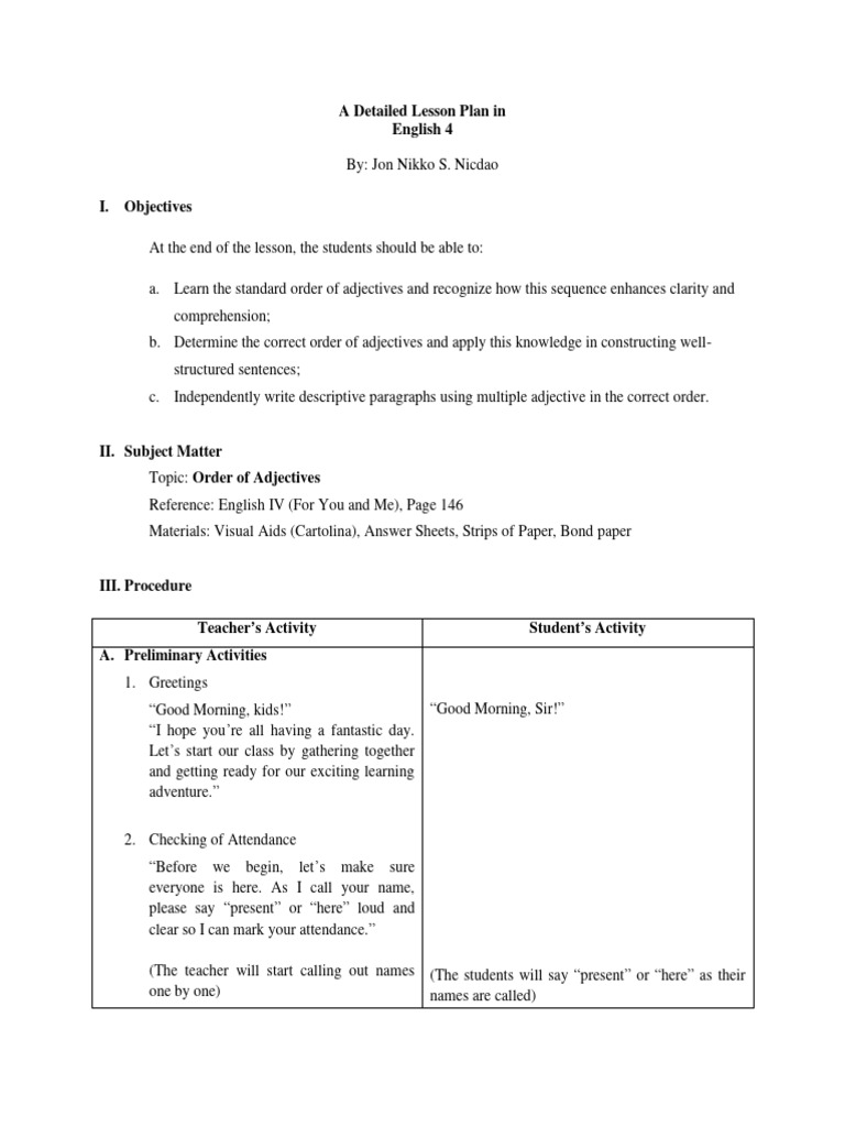 Lesson Plan (Order of Adjectives) | PDF | Adjective | Lesson Plan