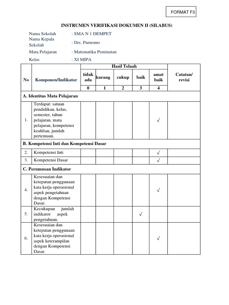 INSTRUMEN VERIFIKASI DOKUMEN II Silabus (Kelas XI) | PDF