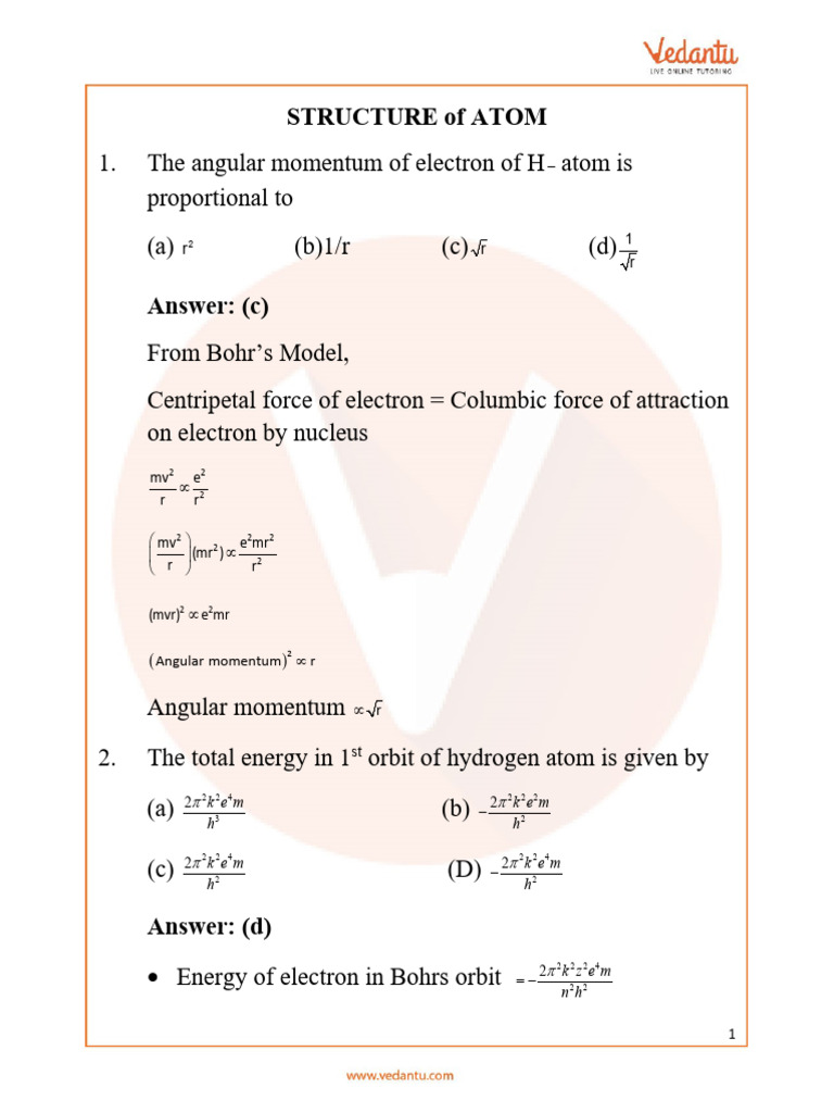 NEET Chemistry Structure of an Atom _ Important Questions 2024 | PDF ...