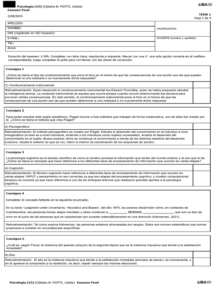 CII Julio 2024 - Clave de Correcciã N FINAL TEMA I | PDF | Sicología | Cognición
