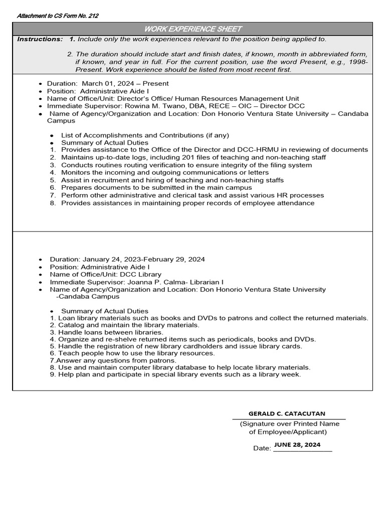 CS Form No. 212 Attachment - Work Experience Sheet - Gera | PDF ...
