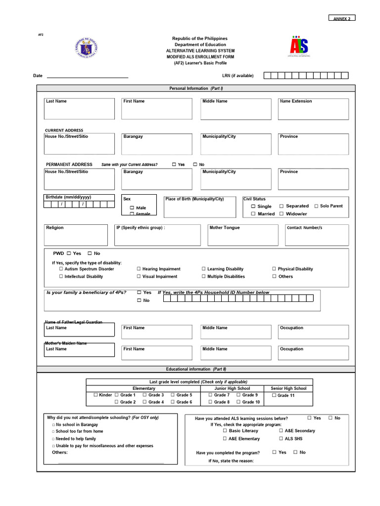 Modified ALS Enrollment Form (AF2) | PDF | Disability | Learning