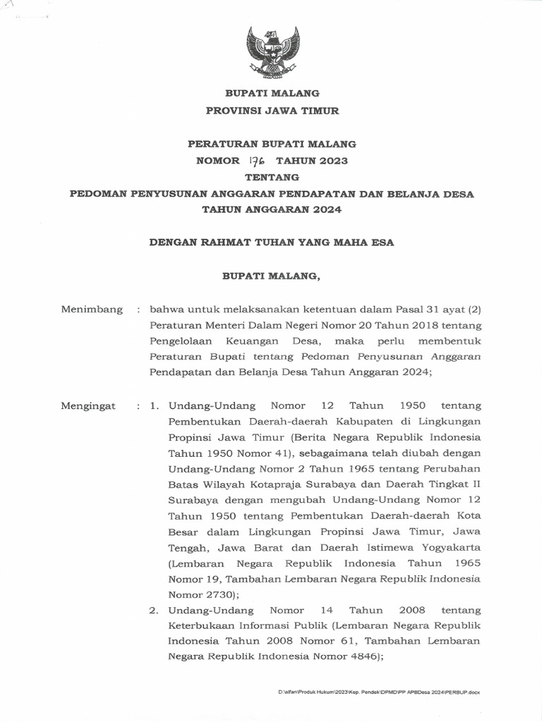 Perbup Nomor 176 Tahun 2023 Tentang Pedoman Penyusunan APBDES 2024 | PDF