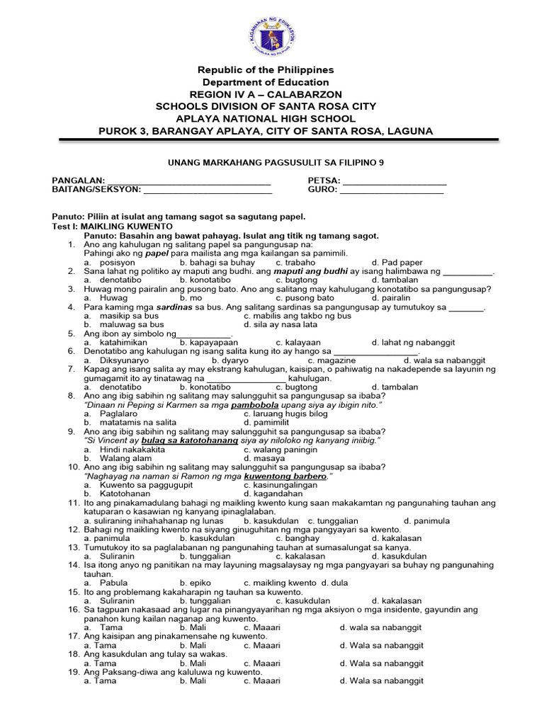 1st Periodical Test-GR9-FILIPINO - Answer Key | PDF